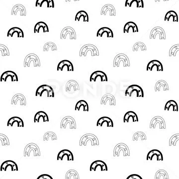 Rainbow seamless pattern, black and white hand-drawn arc doodle digital ...