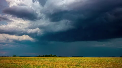 Rainstorm as a farmer harvests a field o... | Stock Video | Pond5