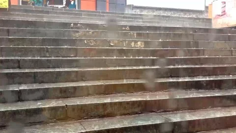 Rainy stormy weather. Rain flow on stair... | Stock Video | Pond5