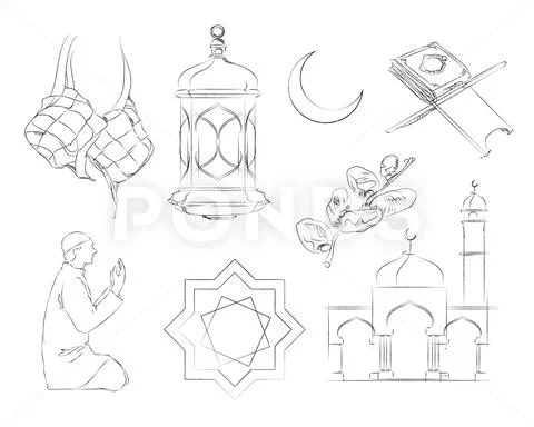 Ramadan Islam icon set hand drawing sketch illustration of mosque ...