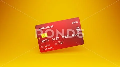 Realistic DEBIT card on yellow background, Red DEBIT card with chip ...