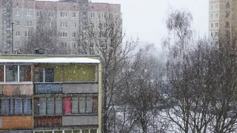 realistic falling snow in a soviet resid... | Stock Video | Pond5
