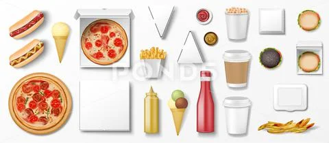 Realistic fast food mockup set, top view for restaurant snack menu ...