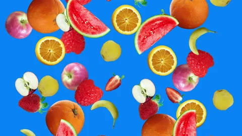 Realistic fruits animation on blue scree... | Stock Video | Pond5