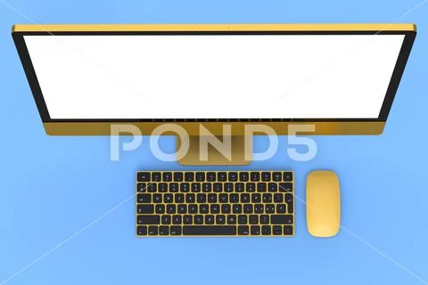 Realistic gold computer screen display with keyboard and mouse isolated ...