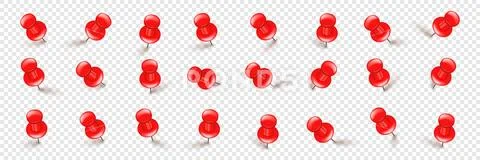 Realistic red push pins. Board tacks isolated on transparent background ...