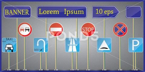 Realistic set of road signs isolated on transparent background. Vector ...