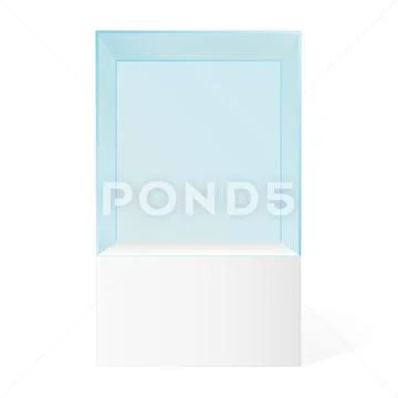 Realistic vector glass square showcase. Empty glass box in room: Royalty Free #233053970