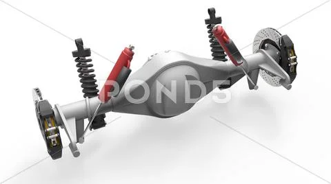Rear axle assembly with suspension and brakes. Red dampers. 3d ...