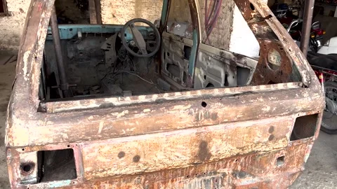 Rear View of Rusted Old Car Frame in Res... | Stock Video | Pond5