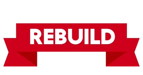 Rebuild word on red banner ribbon | Stock Video | Pond5