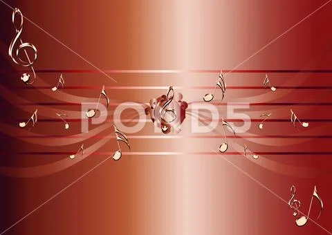 Red background with golden music notes and treble clef illustration ...