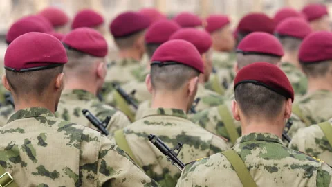 Red berets closeup. Armed spetsnaz plato... | Stock Video | Pond5