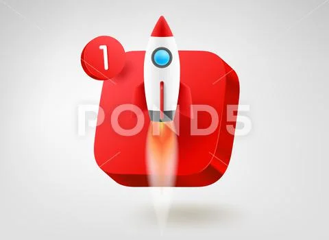 Red button with launching rocket. 3d vector mobile application icon ...