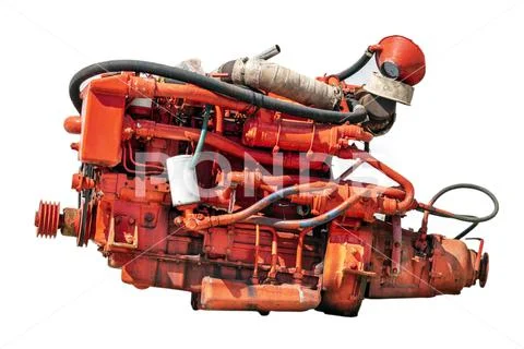 Photograph: Red diesel engine isolated on white background. #200730067