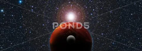 Red dwarf star aligned with a red exoplanet and its moon Illustration ...