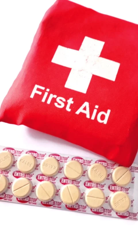 Red first aid handbag kit with diarrhea ... | Stock Video | Pond5
