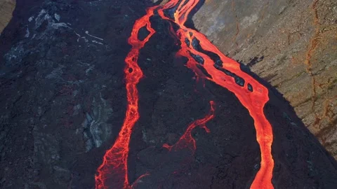 Red Lava Flow From Volcanic Eruption At ... | Stock Video | Pond5