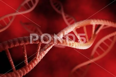 Red particles of dna strucrure glowing over dark red background ...