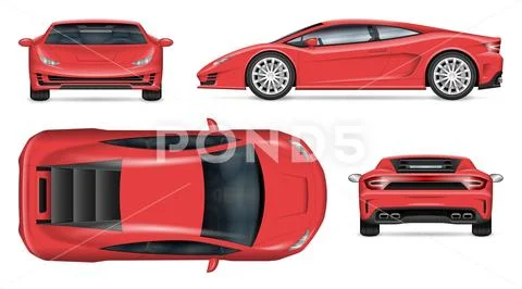 Red race car vector mockup. Isolated vehicle template side, front, back ...