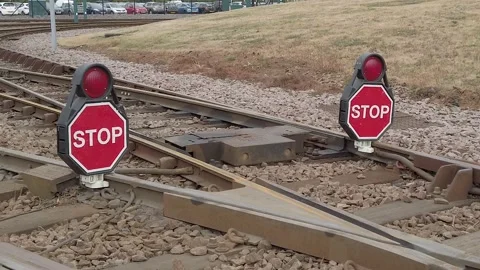 Red stop marker boards on the Nottingham... | Stock Video | Pond5