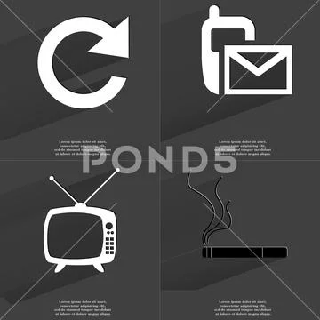 Reload sign, SMS icon, Retro TV, Cigarette. Symbols with long shadow ...