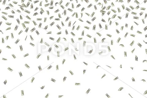 Rendering of falling dollar bills, isolated on a white background ...