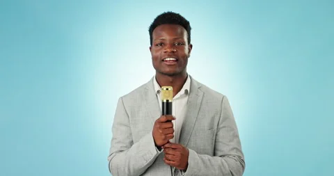 Reporter, face and news, black man with ... | Stock Video | Pond5