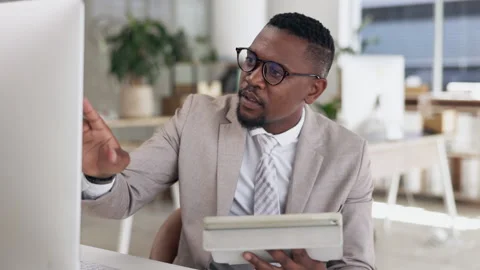 Research, tablet and computer with black... | Stock Video | Pond5