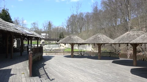 resort with straw arbors waterfall. 4K | Stock Video | Pond5