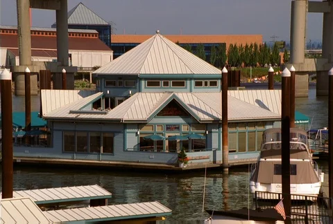 Restaurant on floating dock, zoom-in to ... | Stock Video | Pond5