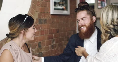 Restaurant, happy or friends hug or high... | Stock Video | Pond5