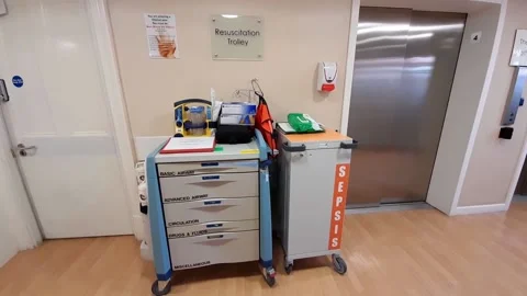 Resuscitation trolley in hospital's corr... | Stock Video | Pond5