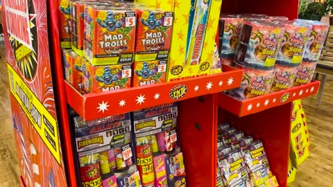 Retail store fireworks display and signa... | Stock Video | Pond5
