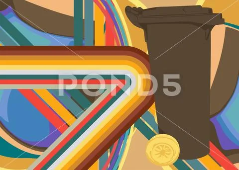 Retro 70s Background with Garbage Bin. Groovy Waste Disposal, 1970s art ...