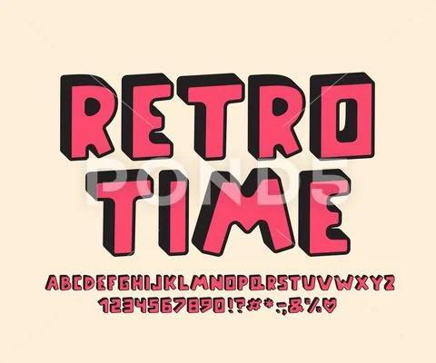 Retro Alphabet 3D design. Vector Letters, numbers and punctuation marks ...