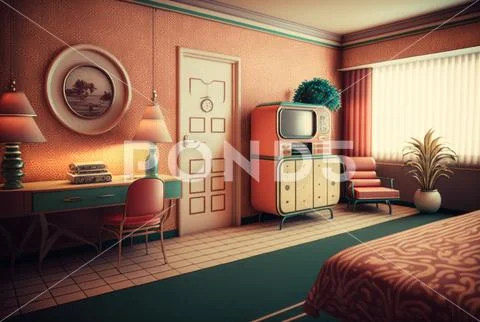 Retro hotel room graphic design 3d model background.: Graphic #232824657
