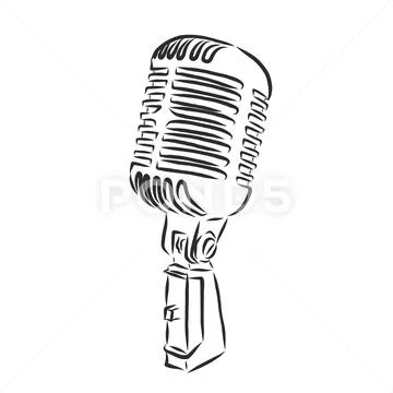 Retro microphone drawing on white background. vector sketch: Graphic ...