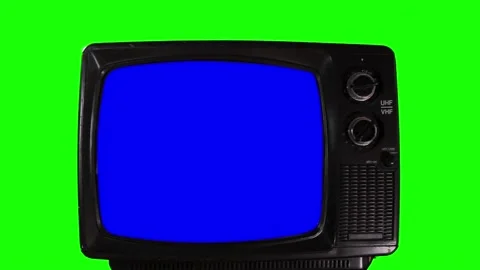 Retro TV turning on Blue Screen over Gre... | Stock Video | Pond5