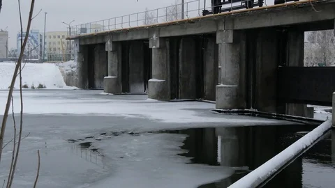 River, dam with winter scene in backgrou... | Stock Video | Pond5