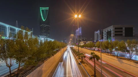 Riyadh night aerial with Kingdom Tower a... | Stock Video | Pond5