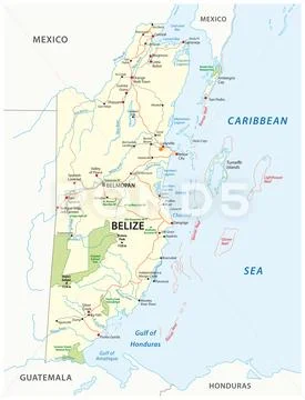 Road and national park map of the central african state belize: Graphic ...