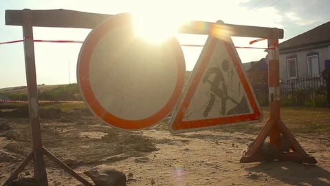 Road signs in a street under reconstruct... | Stock Video | Pond5