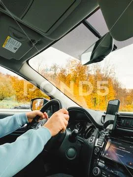 Road trip concept man driving car by highway inside view Stock Image ...