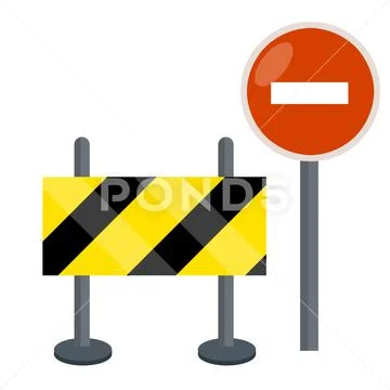 Road works. No-entry sign. Closed road. Yellow plate with strip ...