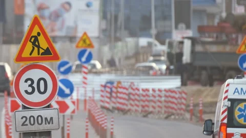 Roadworks warning traffic signs of const... | Stock Video | Pond5