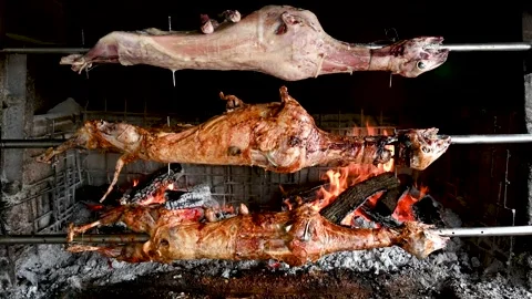Roasted lamb. Sheep on a spit above fire... | Stock Video | Pond5