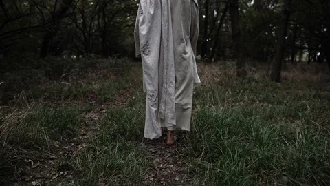 Robed man or Jesus walking through fores... | Stock Video | Pond5