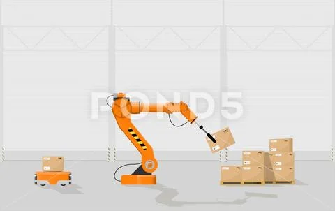 The robot arm picks up the box from the robotic trolley and stacks it on pallets: Graphic #235615277