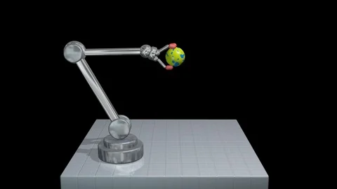 Robot arm pics up, squeezes ball. 3d ani... | Stock Video | Pond5